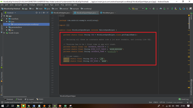 Weekly Assignment 9 : SQLite. Tugas 1: Memperluas SQLiteOpenHelper ...