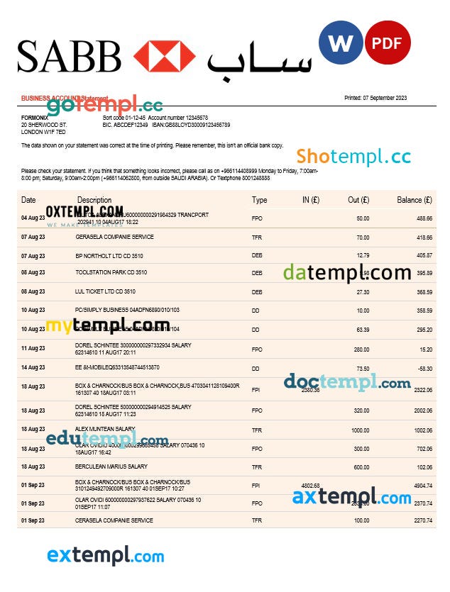 SABB Bank company statement Word and PDF template download template ...