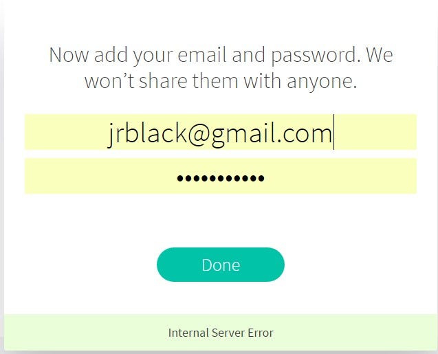 Trying to create an account, and get an internal server error message ...