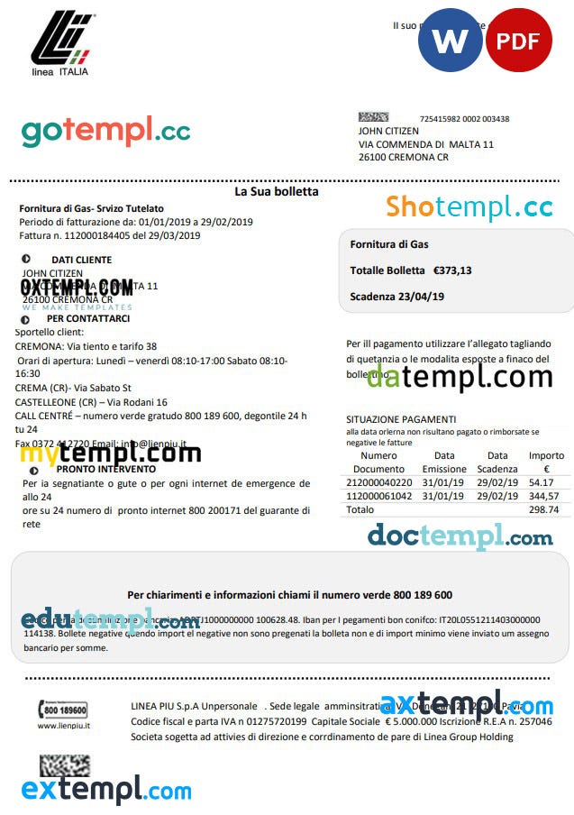 Italy Linea Italia utility bill template in Word and PDF format | by ...