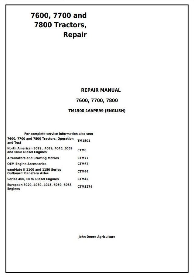 John Deere 7600 7700 7800 2WD MFWD Tractor Repair Technical Manual ...