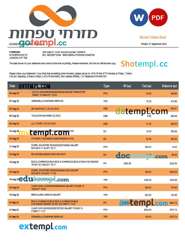 Mizrahi-Tefahot Bank organization statement Word and PDF template ...
