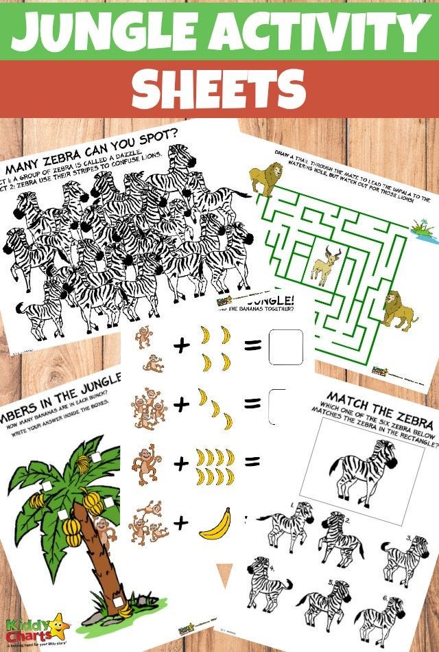 Jungle activity sheets | by Helen Neale | KiddyCharts | Medium