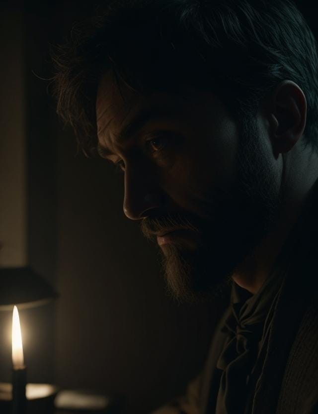 a man looking at a candle in the dark, a character portrait, inspired ...