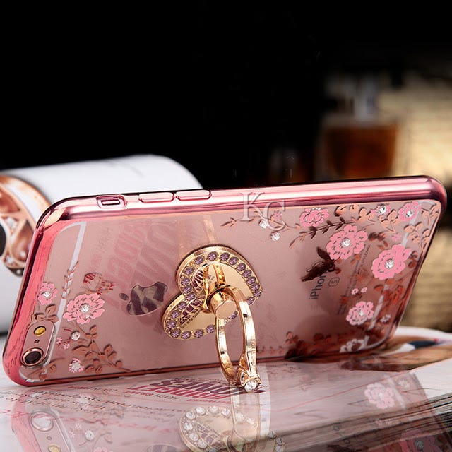 Adorable Heart Ring Stand Soft Transparent Back Cover with Diamond ...