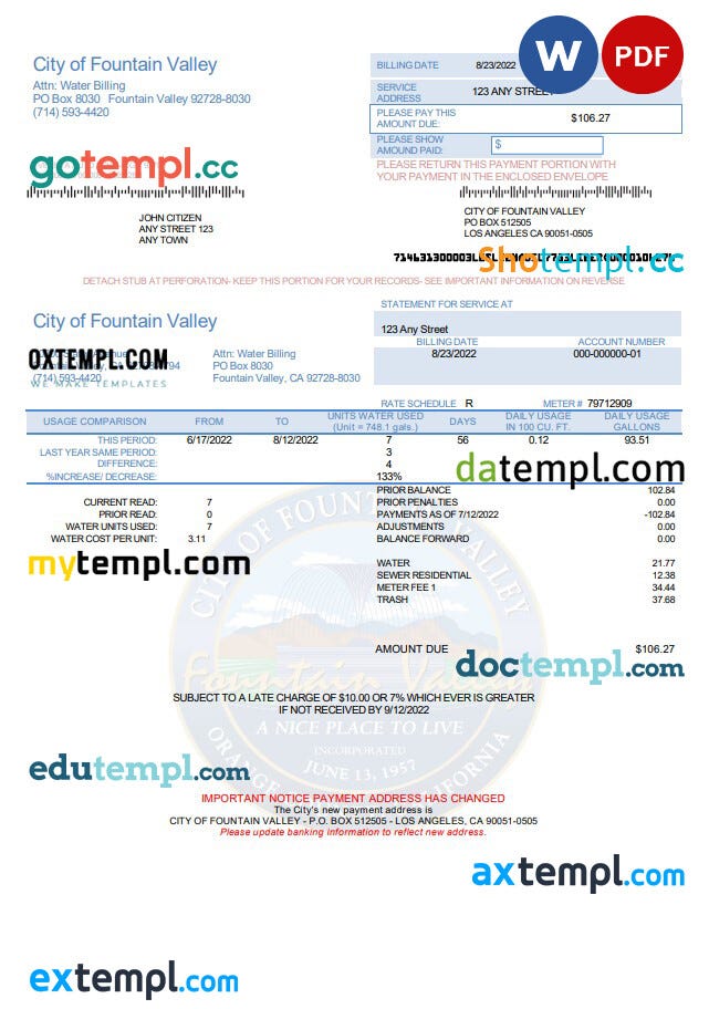 USA California City of Fountain Valley utility bill example in Word and ...
