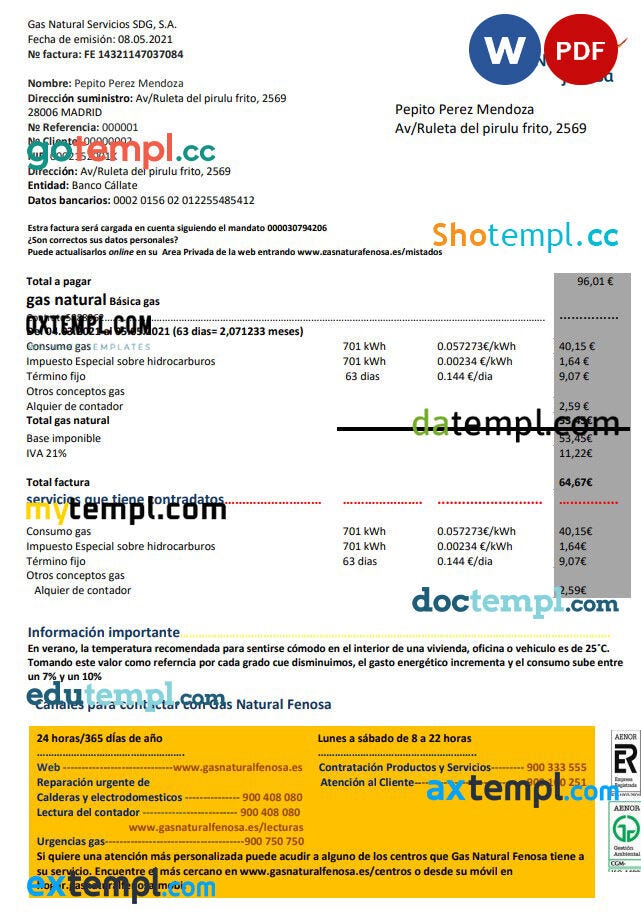 Spain gasNatural fenosa utility bill template in Word and PDF format ...