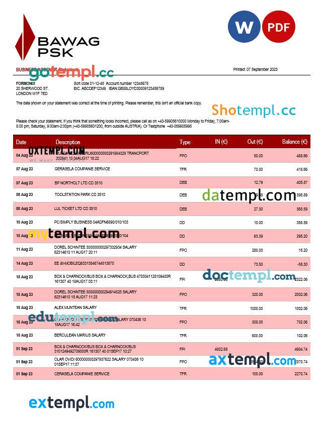 Bawag Psk Bank firm account statement Word and PDF template download template | by Intempl | Feb ...