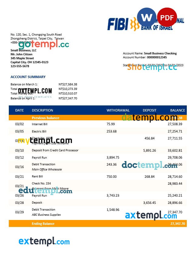 FIBI Bank enterprise account statement Word and PDF template download template | by Intempli ...