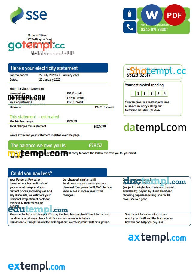 United Kingdom SSE Energy utility bill, PDF and Word download template, version 3 | by ...