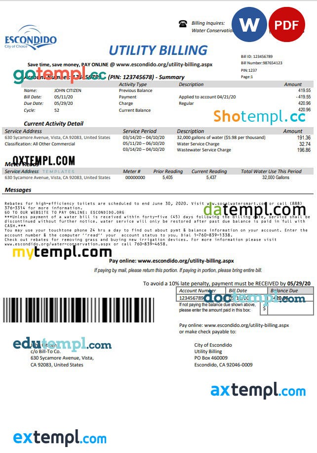 USA California Escondido City of Choice utility bill download example ...