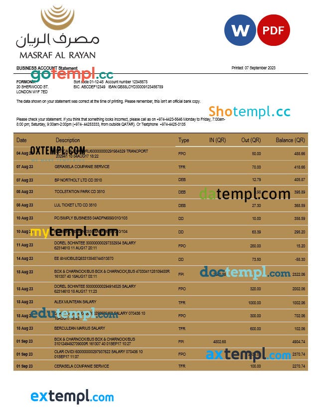 Masraf Al Rayan Bank company checking account statement Word and PDF template download template ...