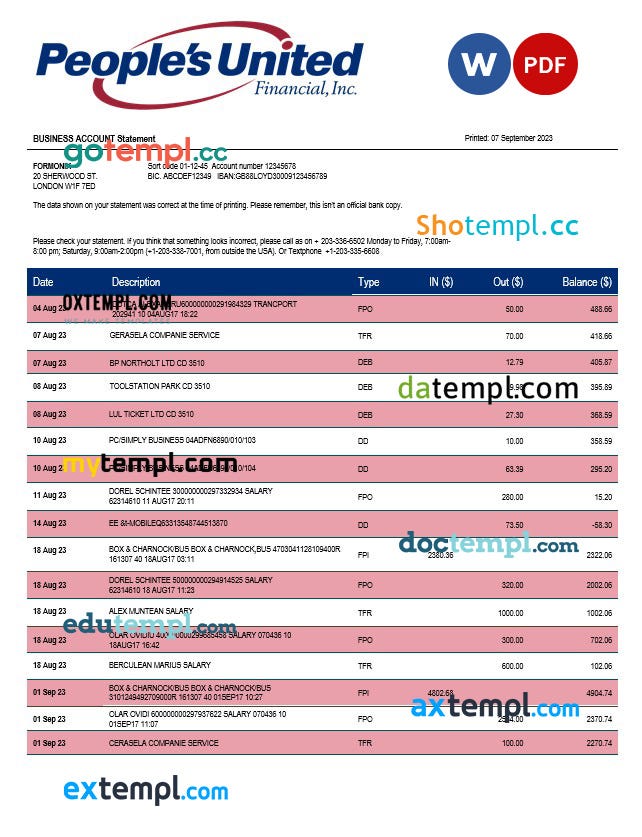 People’s United Bank business statement Word and PDF template download ...