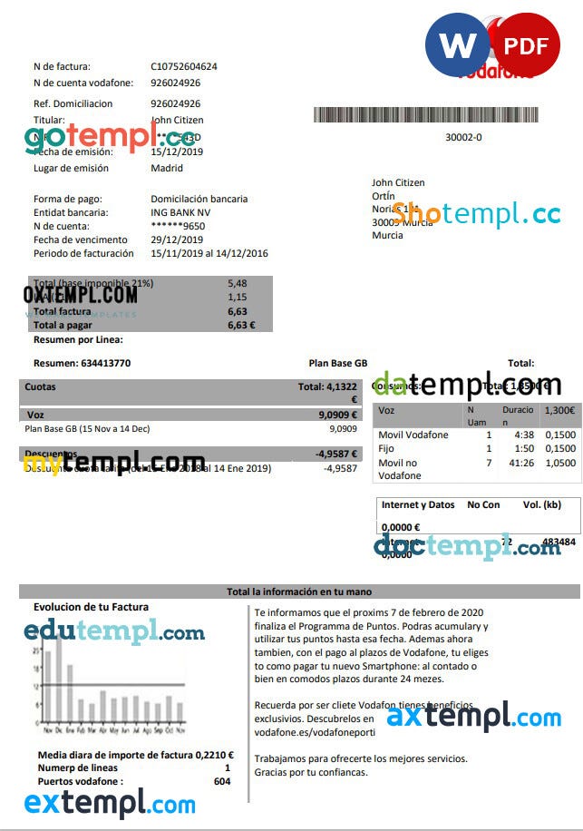 Spain Vodafone telecommunications utility bill, PDF and Word download ...