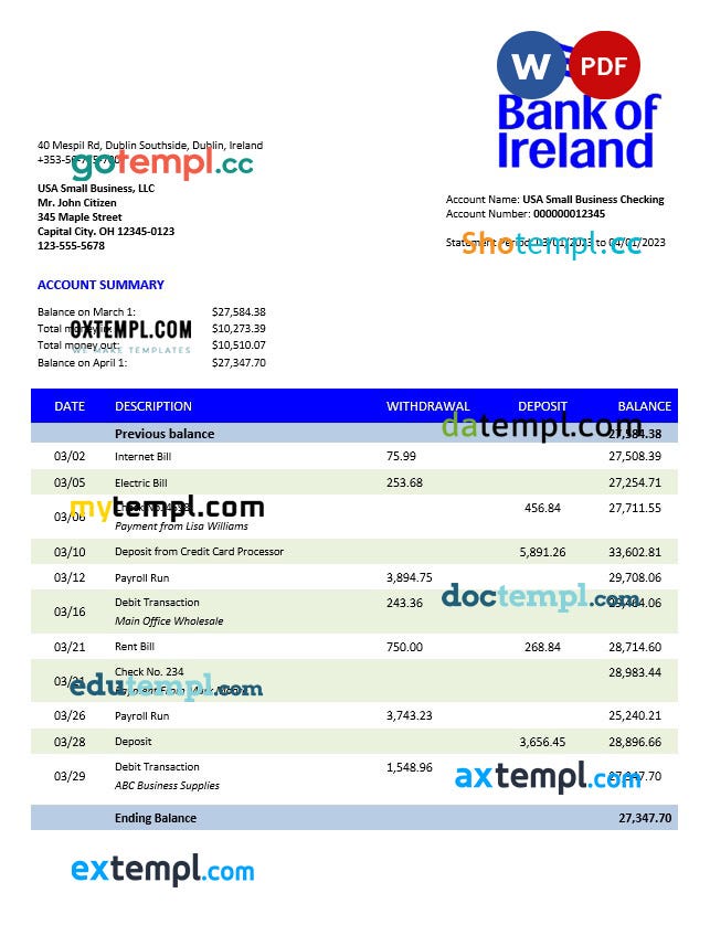 Bank of Ireland enterprise statement Word and PDF template download ...
