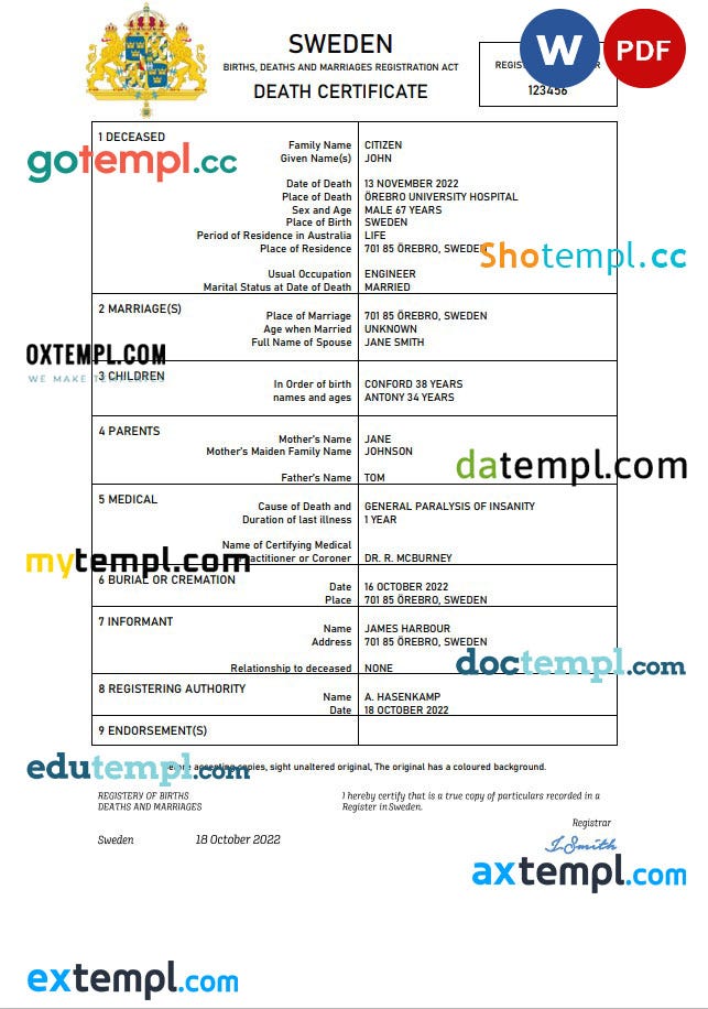 Sweden vital record death certificate Word and PDF template | by ...