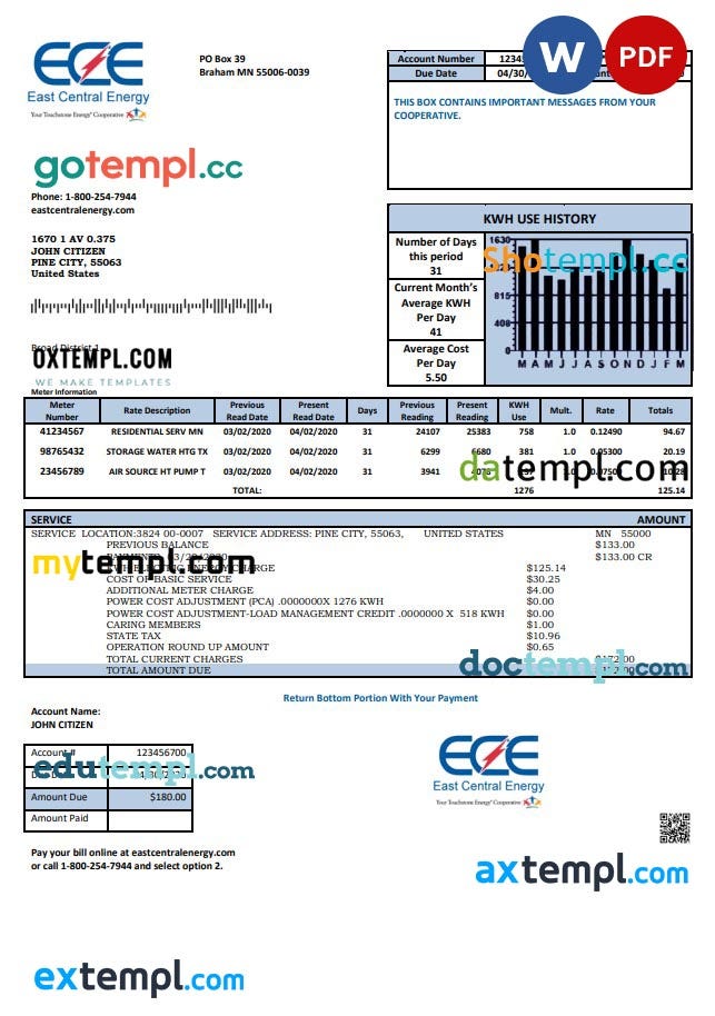 USA Minnesota East Central Energy utility bill, PDF and Word download ...