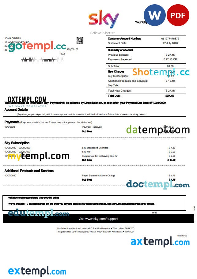 United Kingdom Sky utility bill PSD download template | by Intemplstore ...