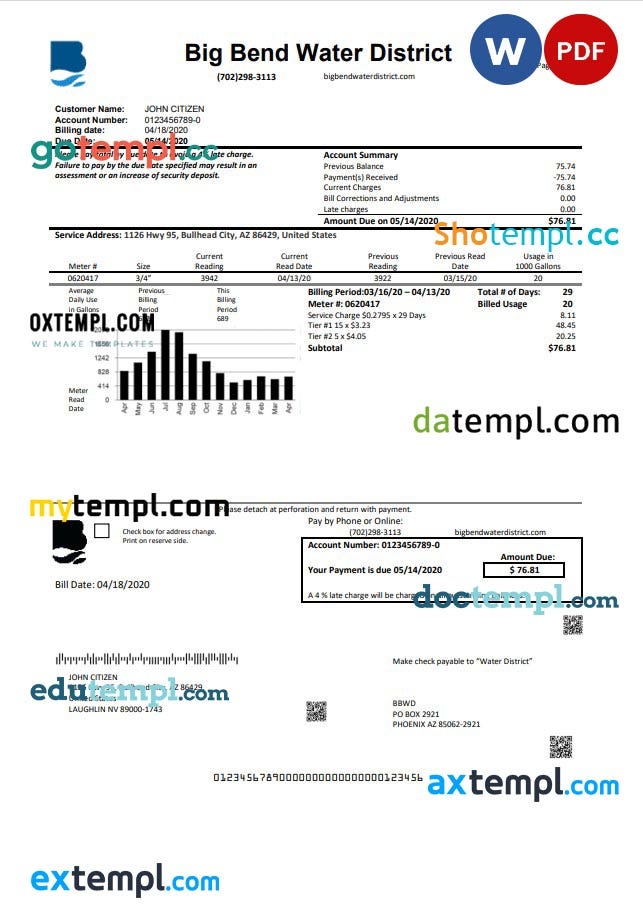USA Nevada Big Bend Water District utility bill template in Word and ...