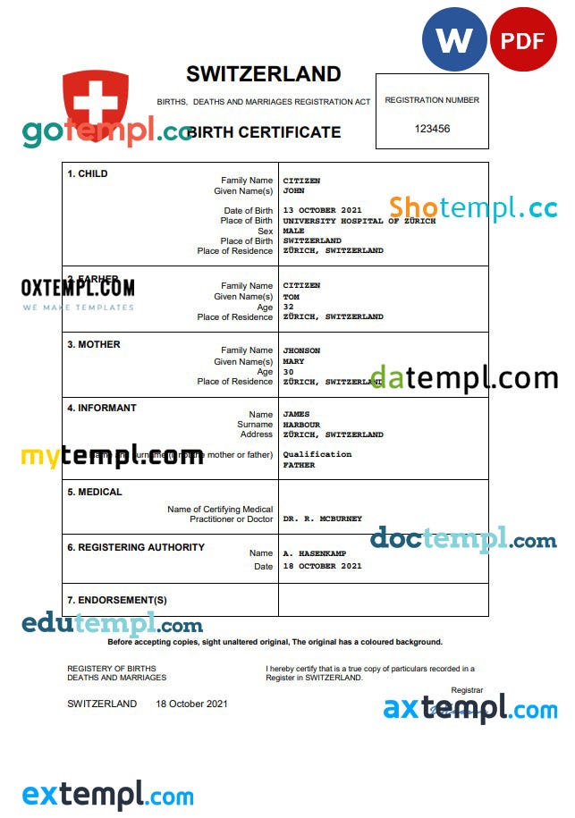 Switzerland vital record birth certificate Word and PDF template, completely editable | by ...
