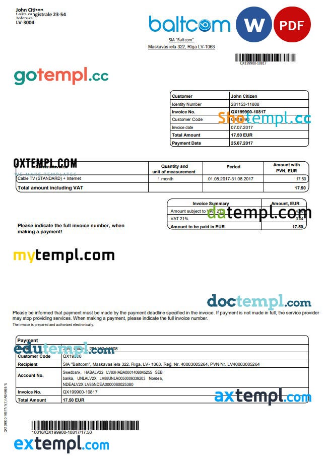 Latvia Baltcom telecommunications utility bill, PDF and Word download ...