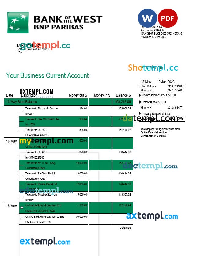 Bank of the West company checking account statement Word and PDF template download template | by ...