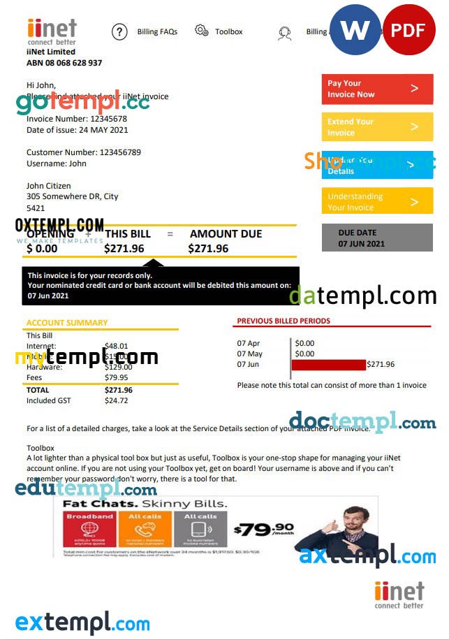 Australia iiNet utility bill template in Word and PDF format (.doc and ...