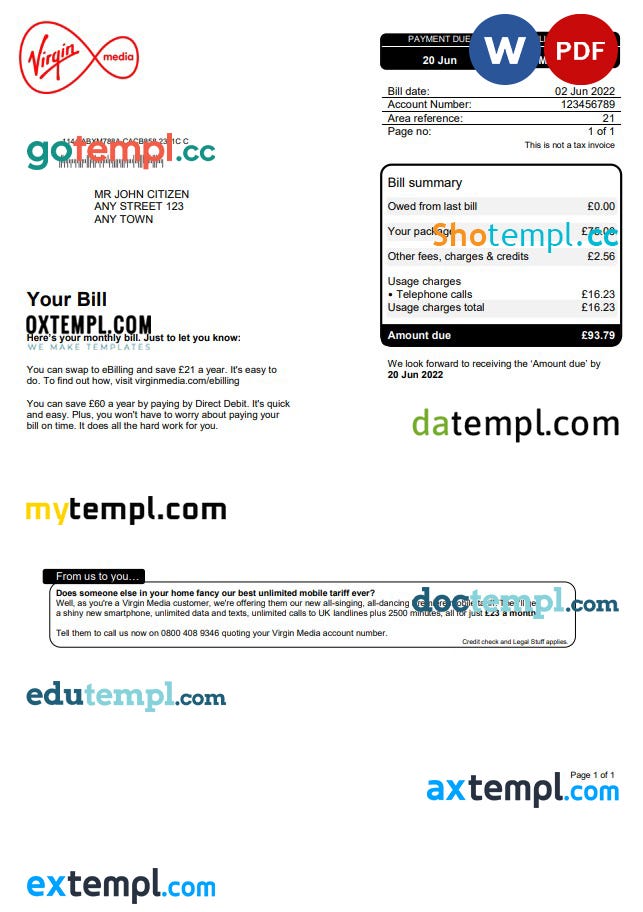 United Kingdom Virgin Media utility bill, PDF and Word download ...