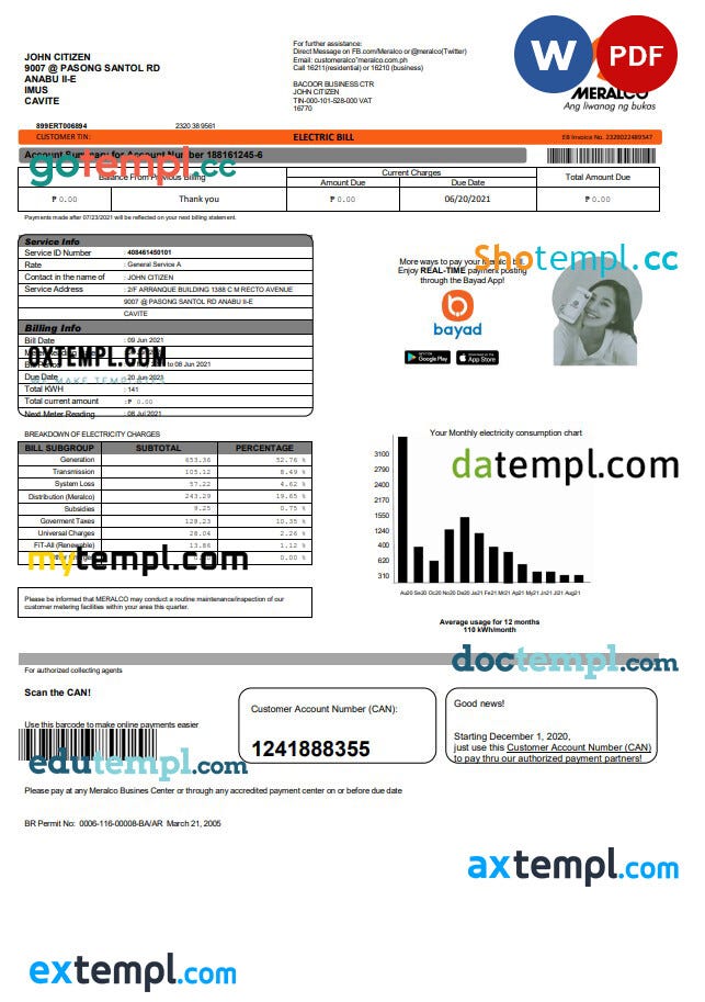 Philippines Meralco electricity utility bill, PDF and Word download ...