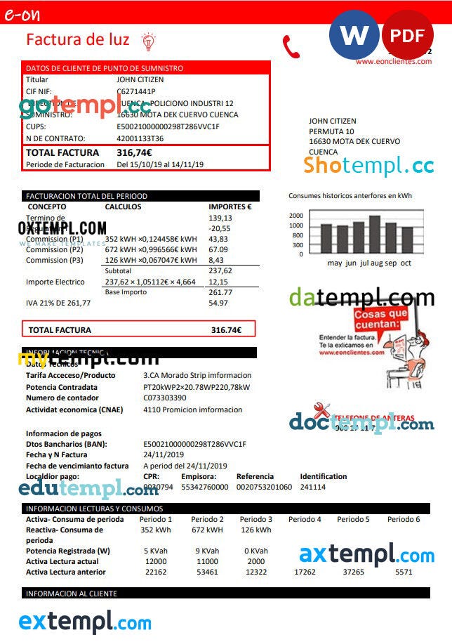 Spain E.ON electricity utility bill, PDF and Word download template ...