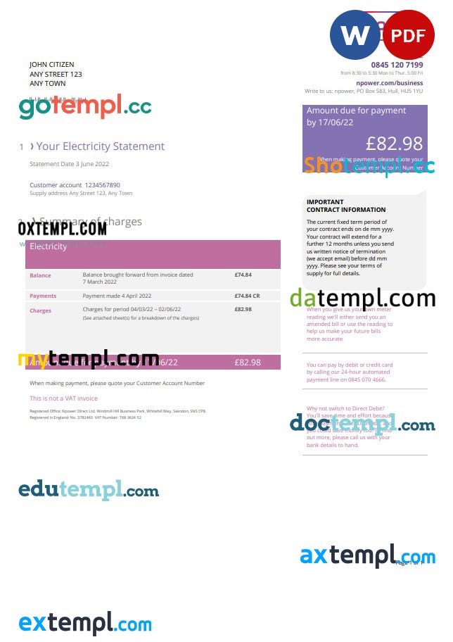 United Kingdom Npower utility bill, PDF and Word download template | by ...