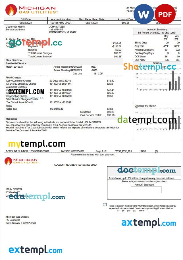 USA Michigan gas utility bill, PDF and Word download template, version ...
