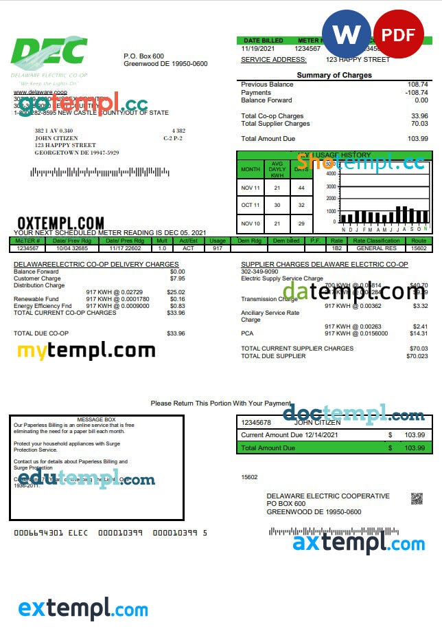 USA Delaware Electric Co-op utility bill, PDF and Word download ...
