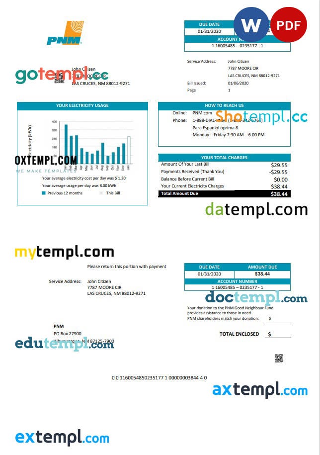 USA New Mexico PNM easy fillable utility bill, PDF and Word download ...