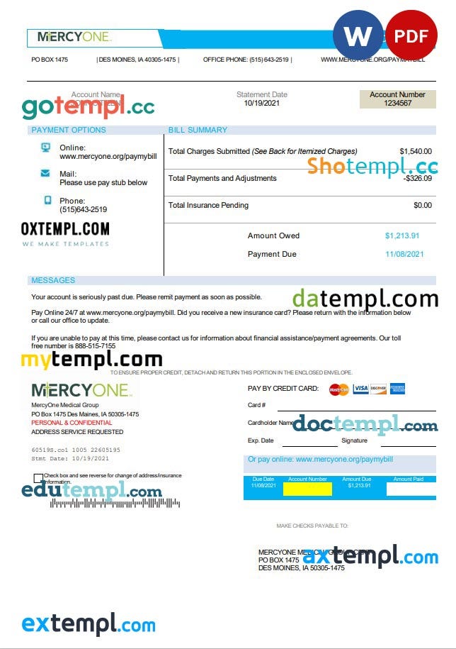 USA Iowa MercyOne medical utility bill, PDF and Word download template ...