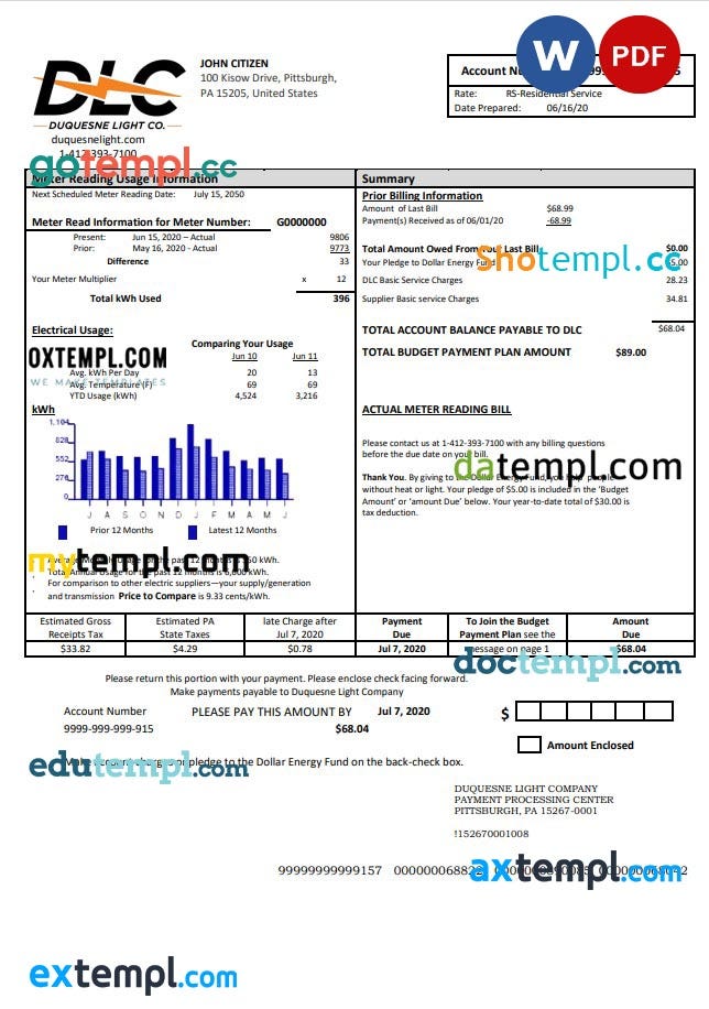 USA Pennsylvania Duquesne light utility bill, PDF and Word download ...