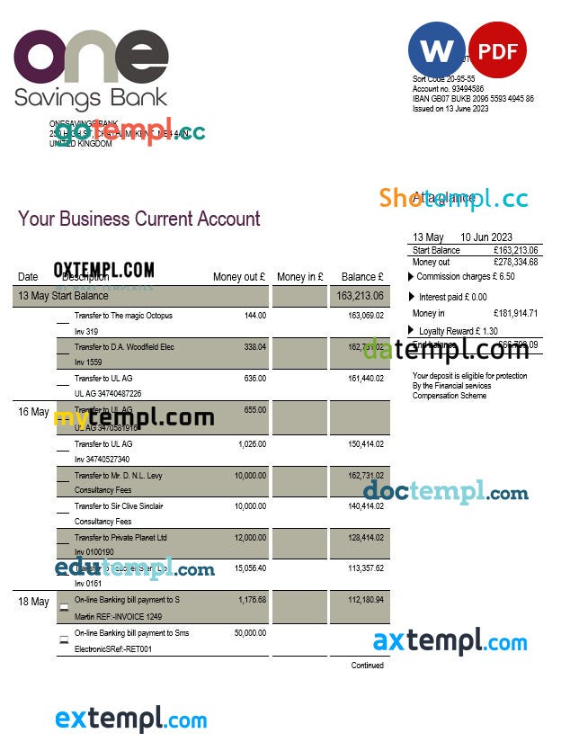 Onesavings Bank business checking account statement Word and PDF template download template | by ...