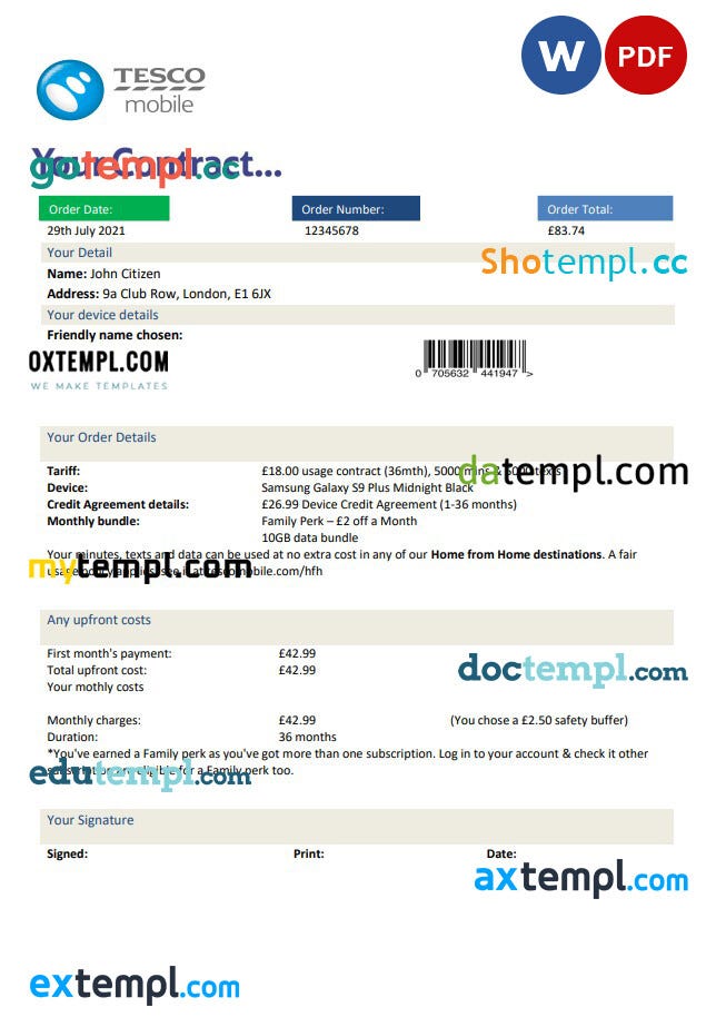 United Kingdom Tesco Mobile utility bill template in Word and PDF ...
