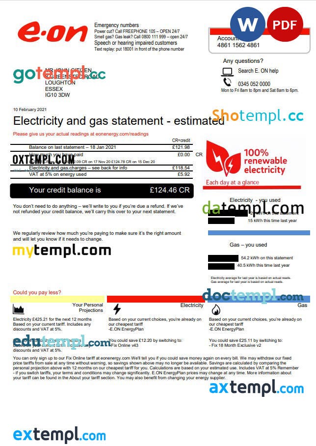 UNITED KINGDOM E-ON utility bill Word and PDF template | by Shotempl ...