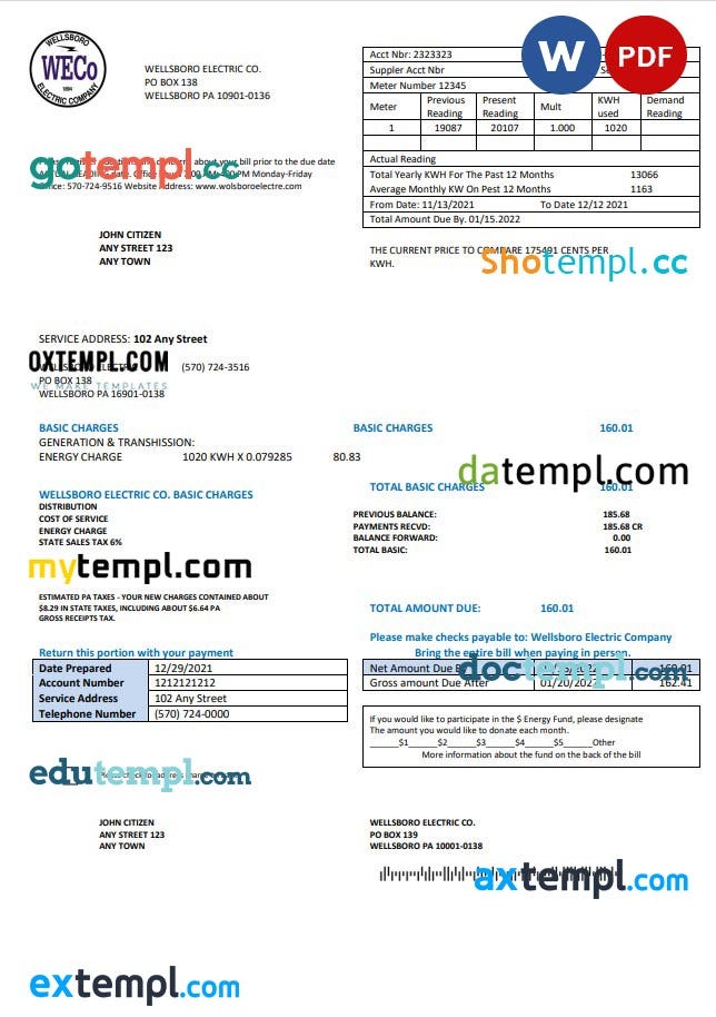 USA Pennsylvania Wellsboro Electric utility bill template in Word and ...