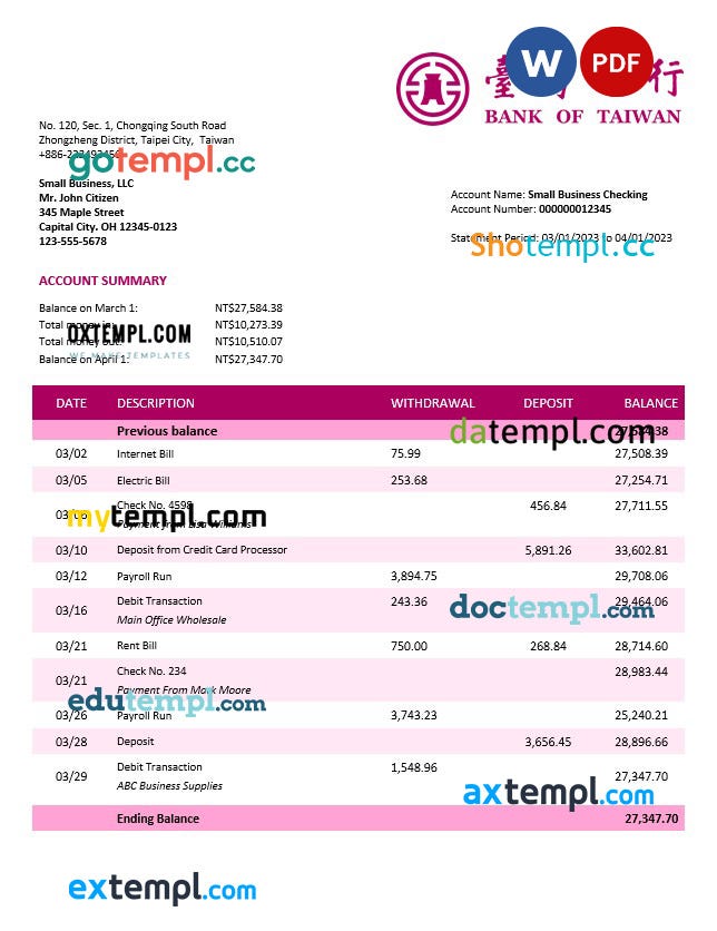 Bank of Taiwan company checking account statement Word and PDF template ...