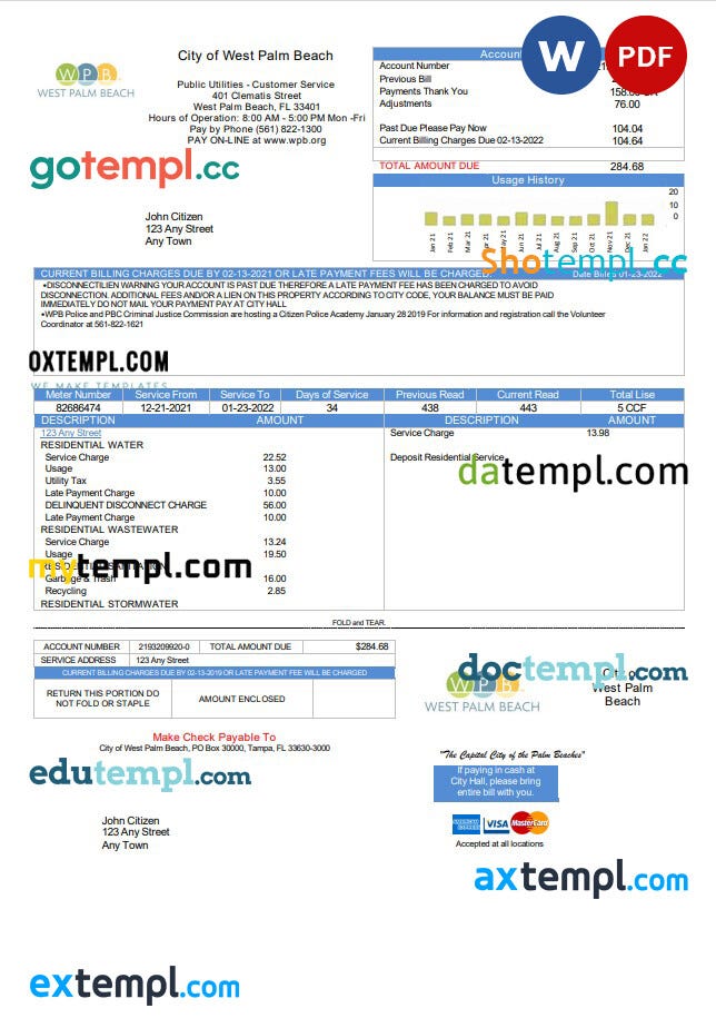 USA Florida City of West Palm Beach utility bill, PDF and Word download ...