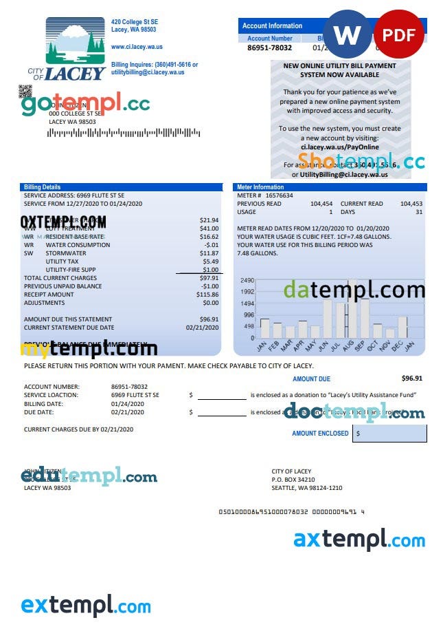 USA Washington City of Lacey water utility bill, PDF and Word download ...