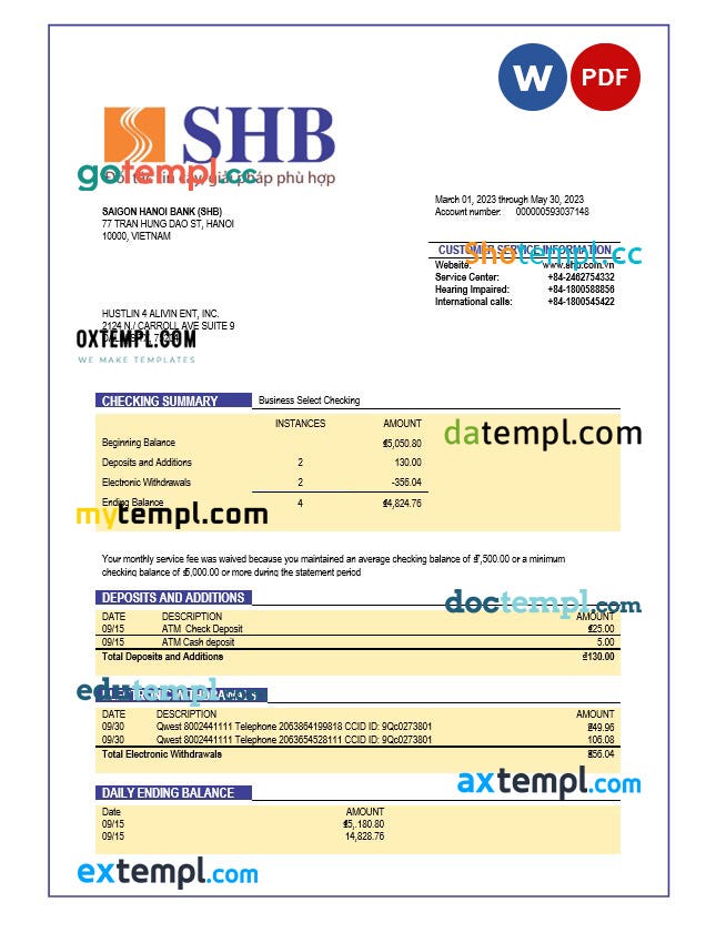 Saigon Hanoi Bank (SHB) organization account statement Word and PDF template download template ...