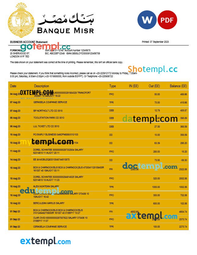 Banque Misr organization checking account statement Word and PDF template download template | by ...