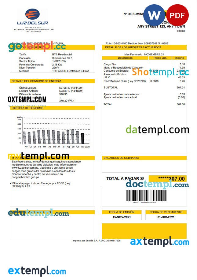 Peru Luz Del Sur utility bill, PDF and Word download template | by ...