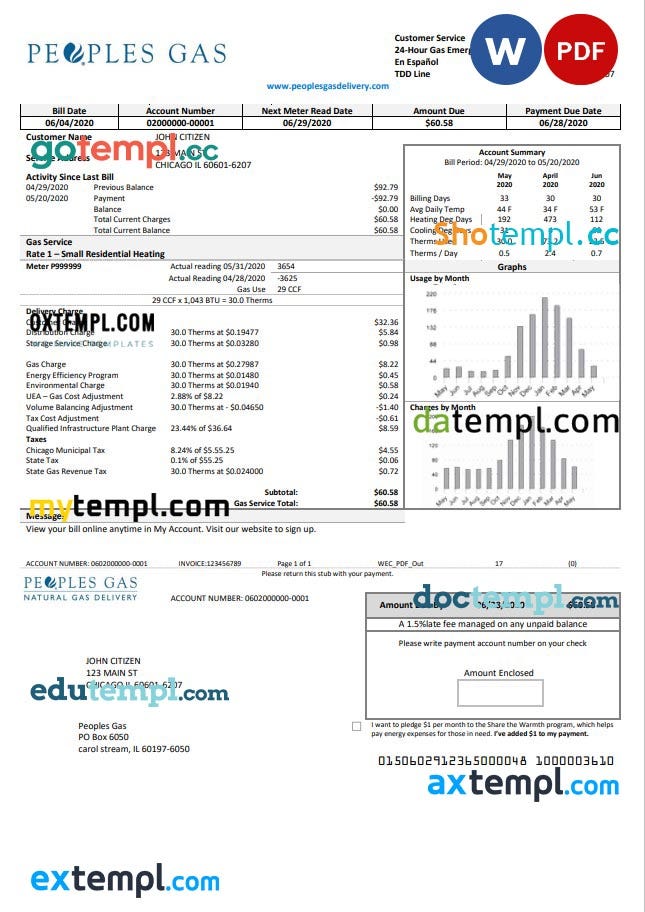 USA Illinois Peoples Gas utility bill, PDF and Word download template ...