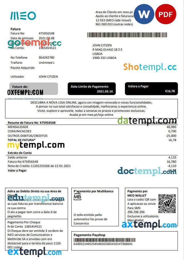 Portuguese MEO utility bill download example in Word and PDF format ...