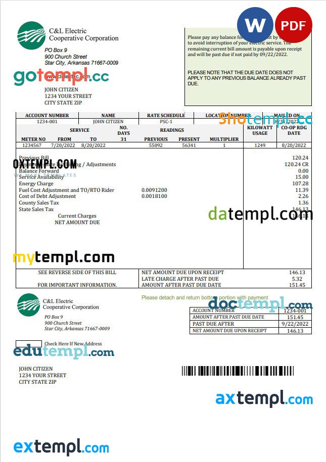USA Arkansas C & L Electric Cooperative Corporation utility bill example in Word and PDF format ...