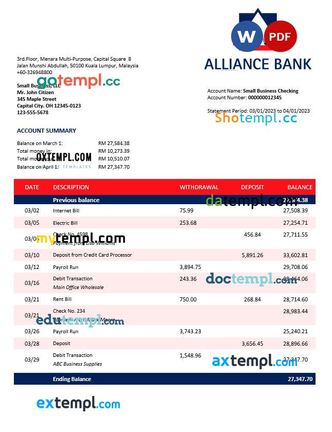 Alliance Bank enterprise account statement Word and PDF template ...